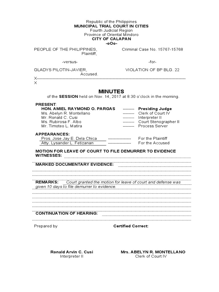 Minutes: Court Granted The Motion For Leave of Court and Defense Was ...