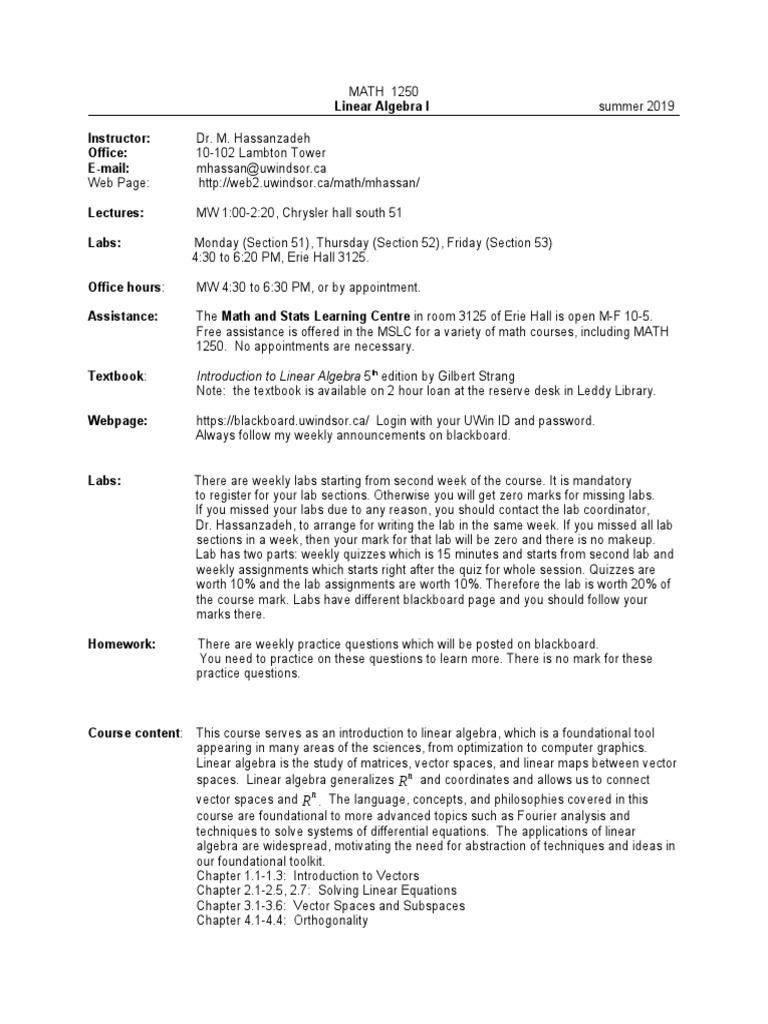 MATH 1250 Linear Algebra I: Course Syllabus for Summer 2019 | PDF ...