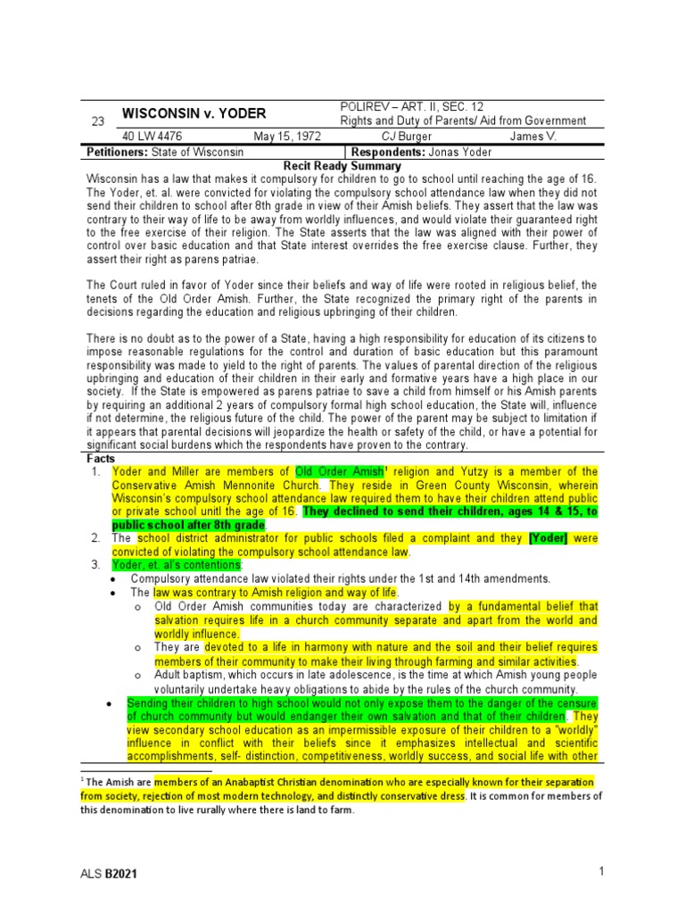 WISCONSIN v. YODER | PDF | Free Exercise Clause | Amish