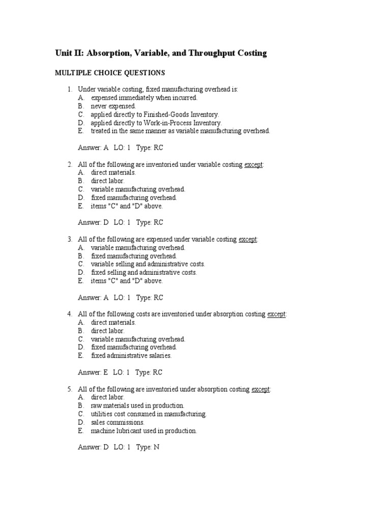 Unit II: Absorption, Variable, and Throughput Costing: Multiple Choice Questions | PDF | Cost Of ...