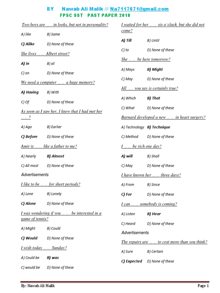 C) Alike A) Till: FPSC SST Past Paper 2018 | Download Free PDF ...