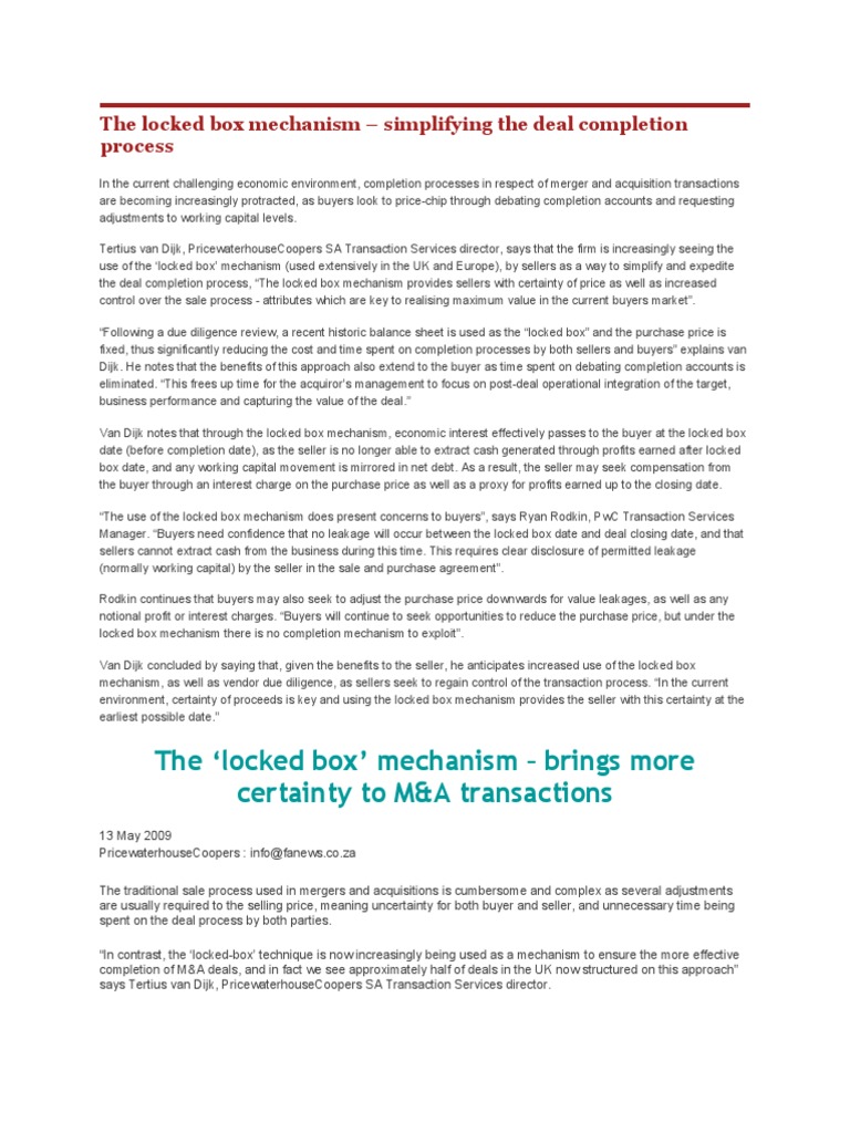 The Locked Box Mechanism | PDF | Sales | Mergers And Acquisitions