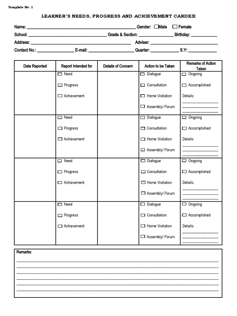 Learner'S Needs, Progress and Achievement Cardex | PDF | Parent ...