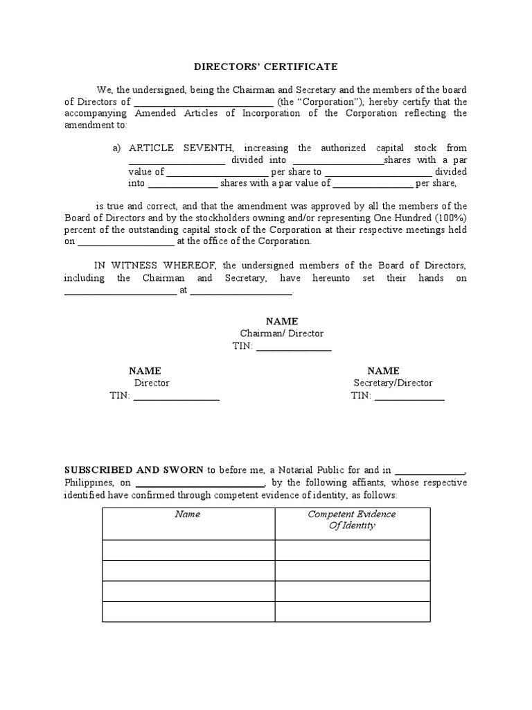 Directors' Certificate: Name Competent Evidence of Identity | PDF ...