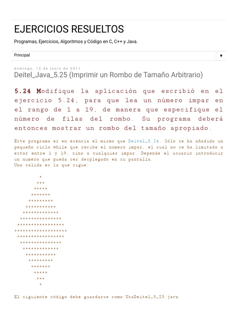 EJERCICIOS RESUELTOS - Deitel - Java - 5.25 (Imprimir Un Rombo de Tamaño Arbitrario) | PDF ...