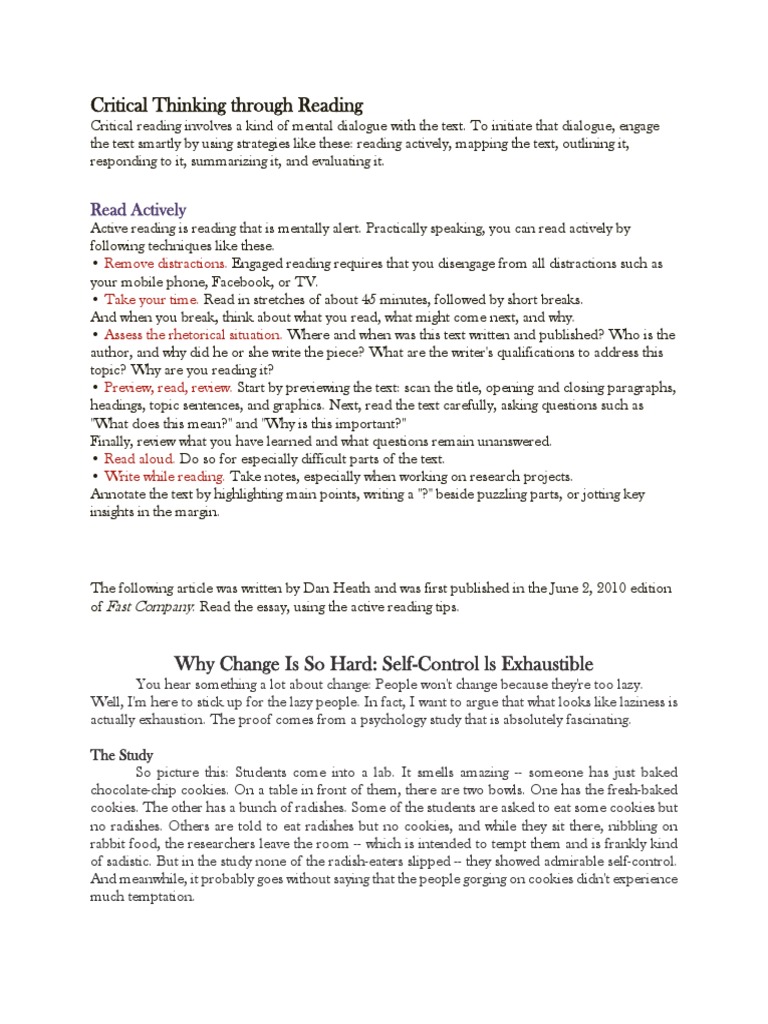 Critical Thinking Through Reading | PDF | Self Control | Self-Management