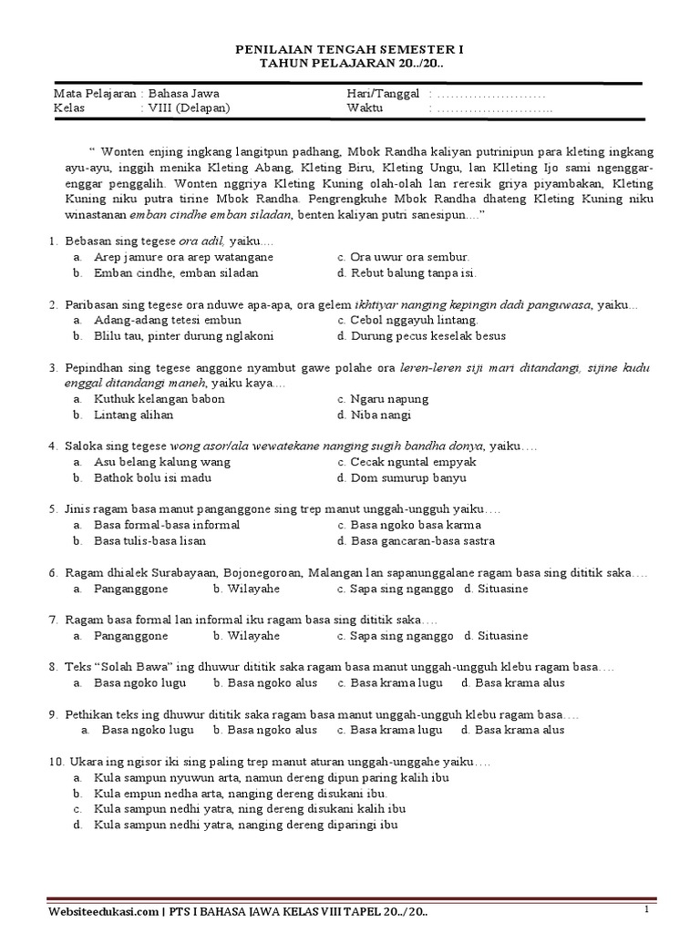Soal PTS B.Jawa Kelas VIII Ganjil | PDF