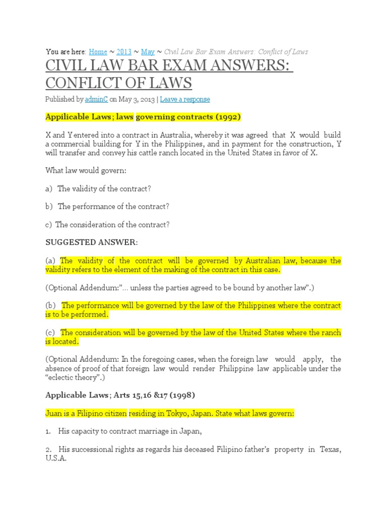 Civil Law Bar Exam Answers: Conflict of Laws: You Are Here | PDF | Annulment | Public Policy ...