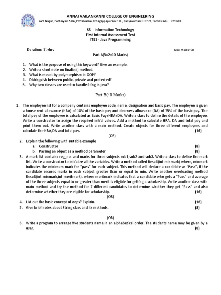 Annai Vailankanni College of Engineering: Part B (40 Marks) 1 | PDF ...