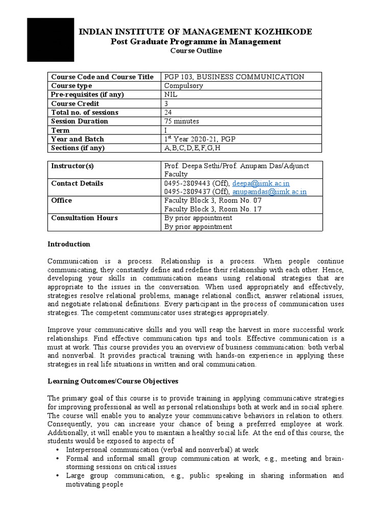 Business Communication Course Outline-PGP (AMBA) 2020-21 | PDF ...