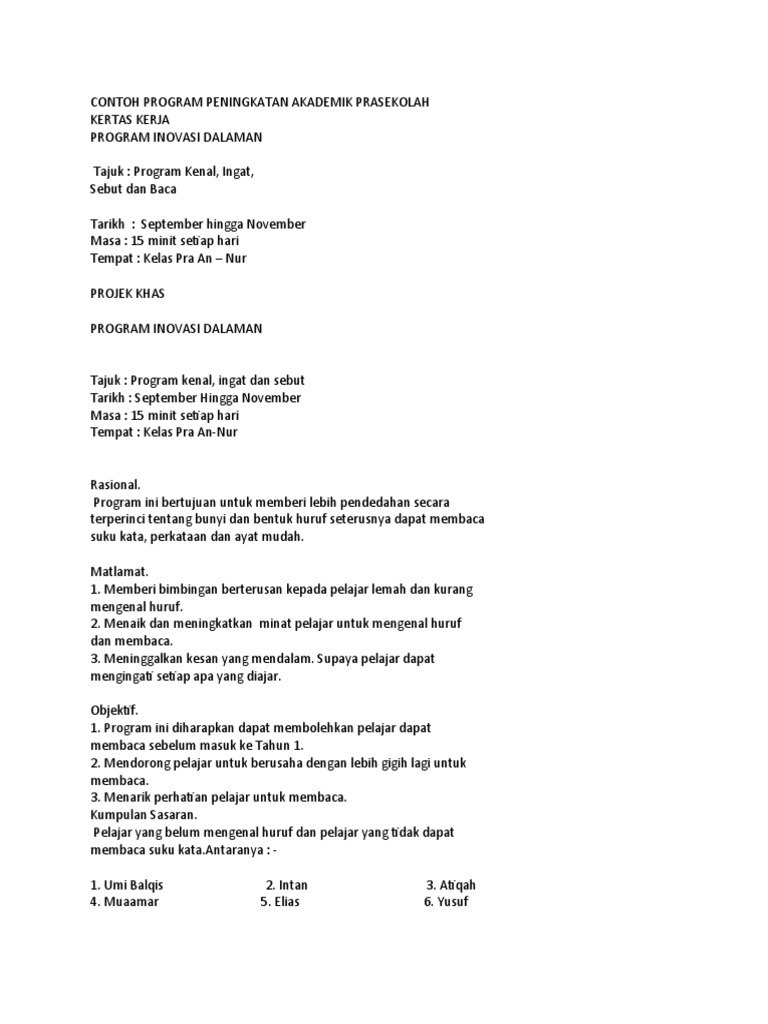 Contoh Program Peningkatan Akademik Prasekolah | PDF