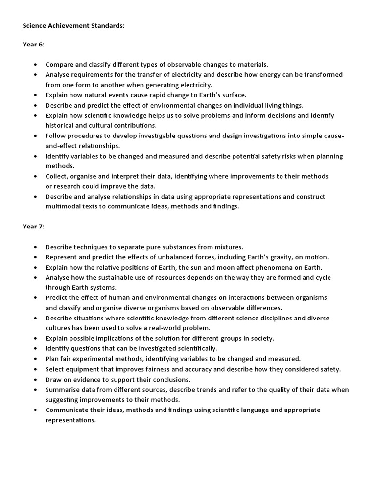 Year 6-7 Science Achievement Standards | PDF | Data | Science