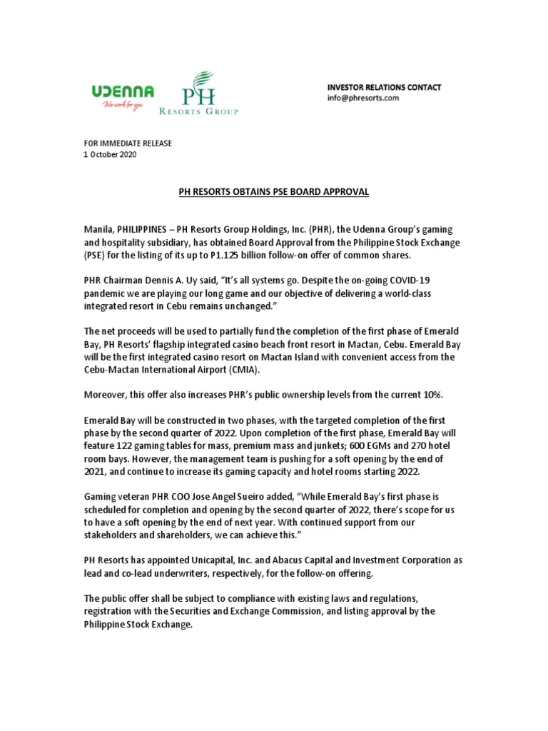 PH Resorts Obtains Pse Board Approval: For Immediate Release 1 October ...