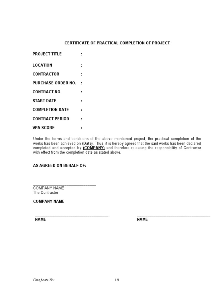 Sample - Certificate of Practical Completion | PDF
