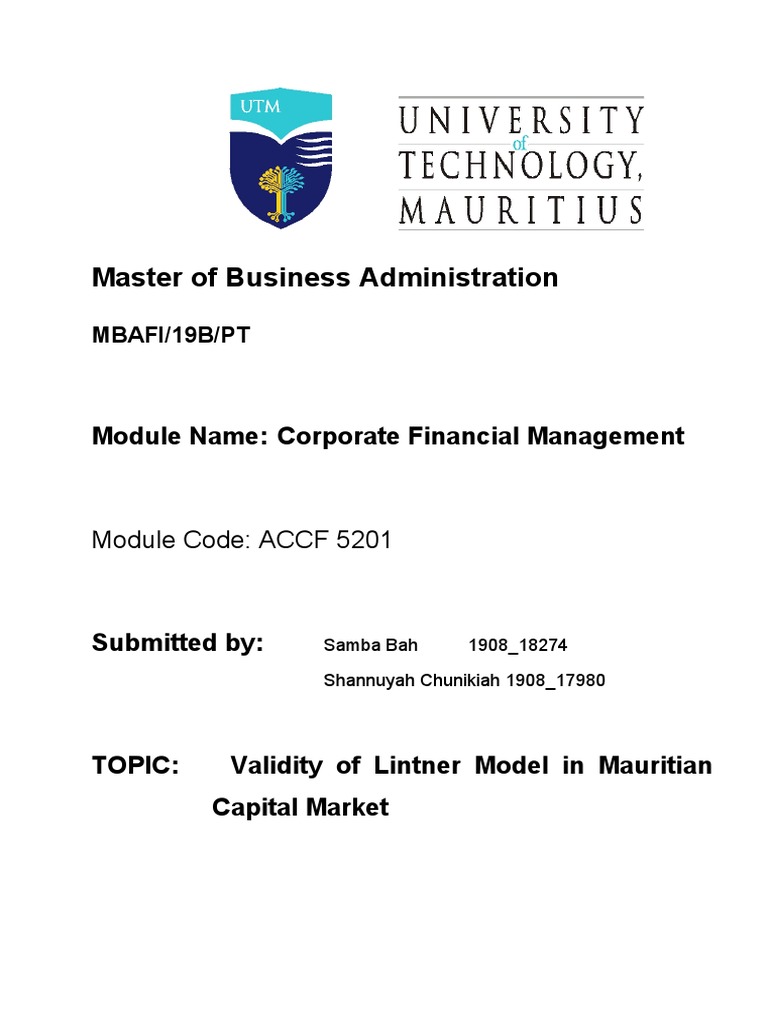 Assignment - VALIDITY OF THE LINTNER MODEL ON MAURITIAN CAPITAL MARKET ...