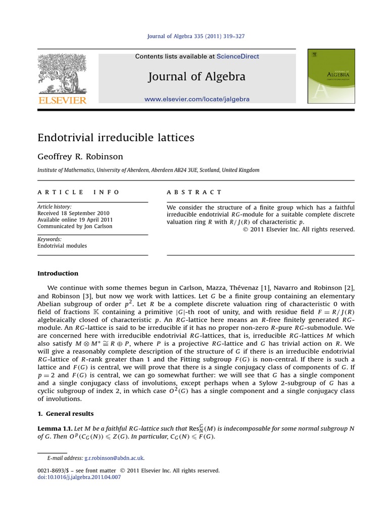 Journal of Algebra: Geoffrey R. Robinson | PDF | Index Of A Subgroup ...