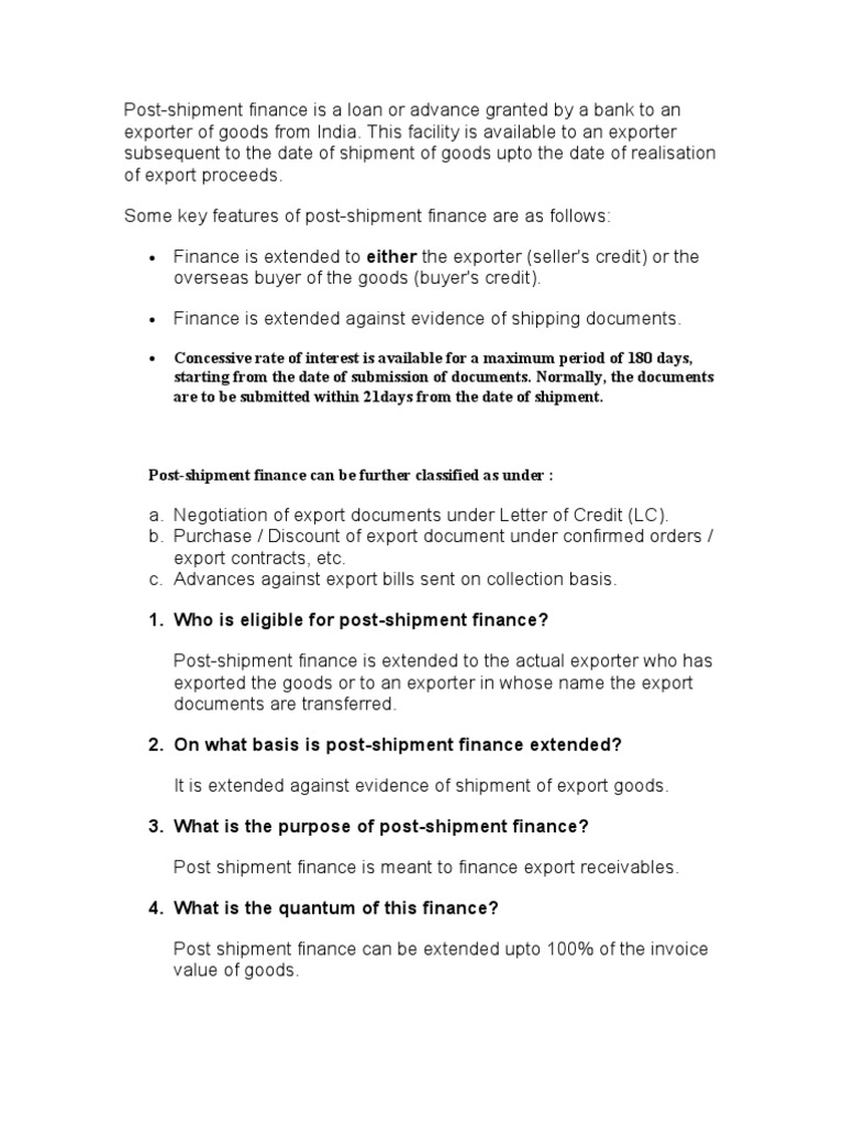 Who Is Eligible For Post-Shipment Finance? | PDF | Letter Of Credit | Banks