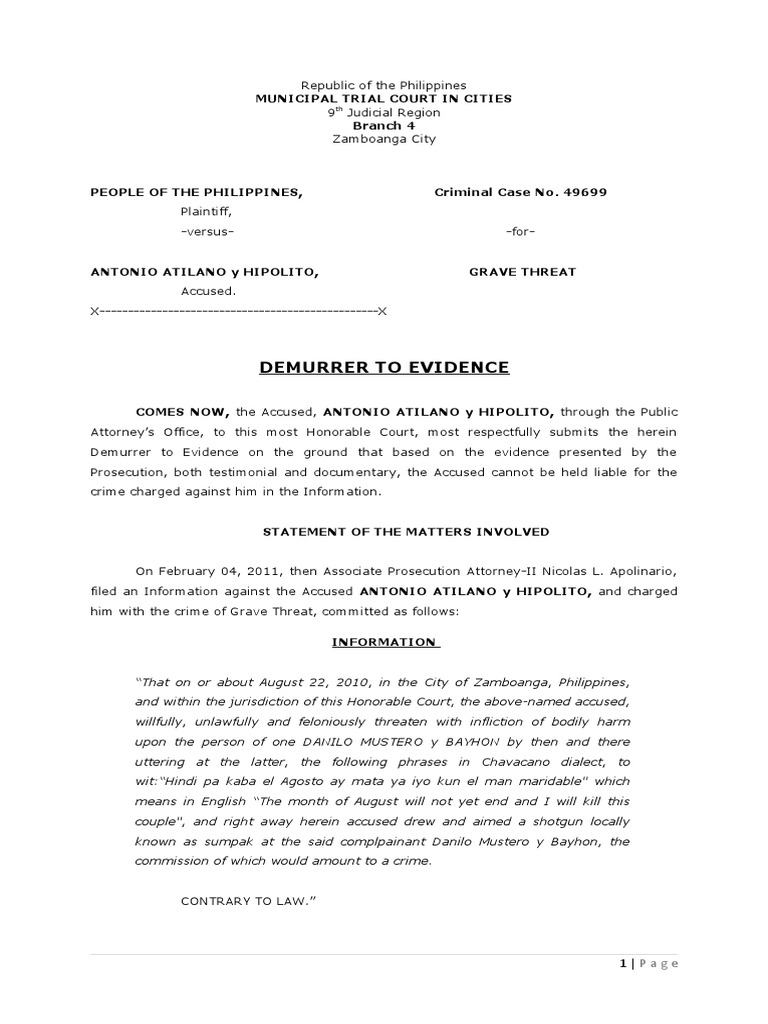 Sample Demurrer Grave Threat | PDF | Burden Of Proof (Law) | Reasonable ...