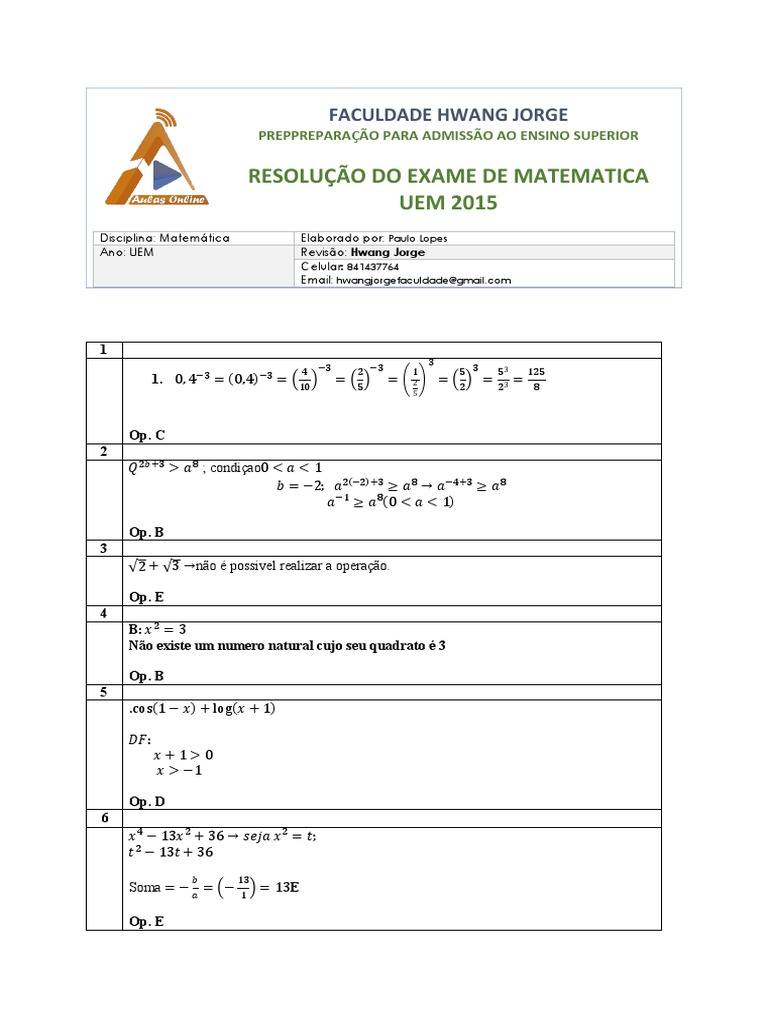 Matematica UEM 2015 - Resolucao - Aulas Online PDF | PDF