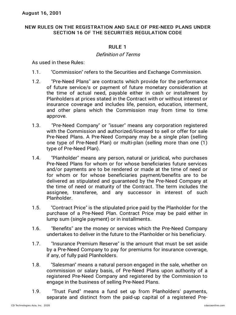 PRE-NEED - New Rules On The Registration and Sale of Pre-Need Plans ...