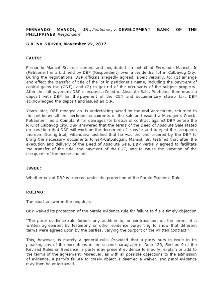 MANCOL JR v. DBP | PDF | Parol Evidence Rule | Legal Procedure