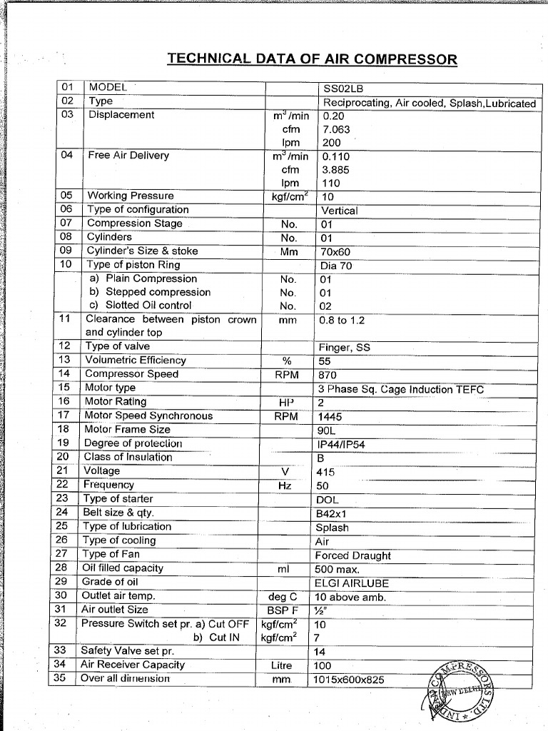 Air Compressor Data Sheet | PDF