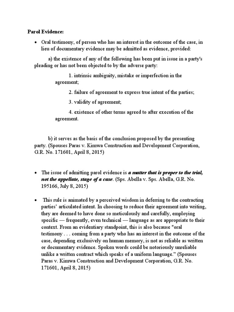 Parol Evidence:: Not The Appellate, Stage of A Case. (Sps. Abella v ...