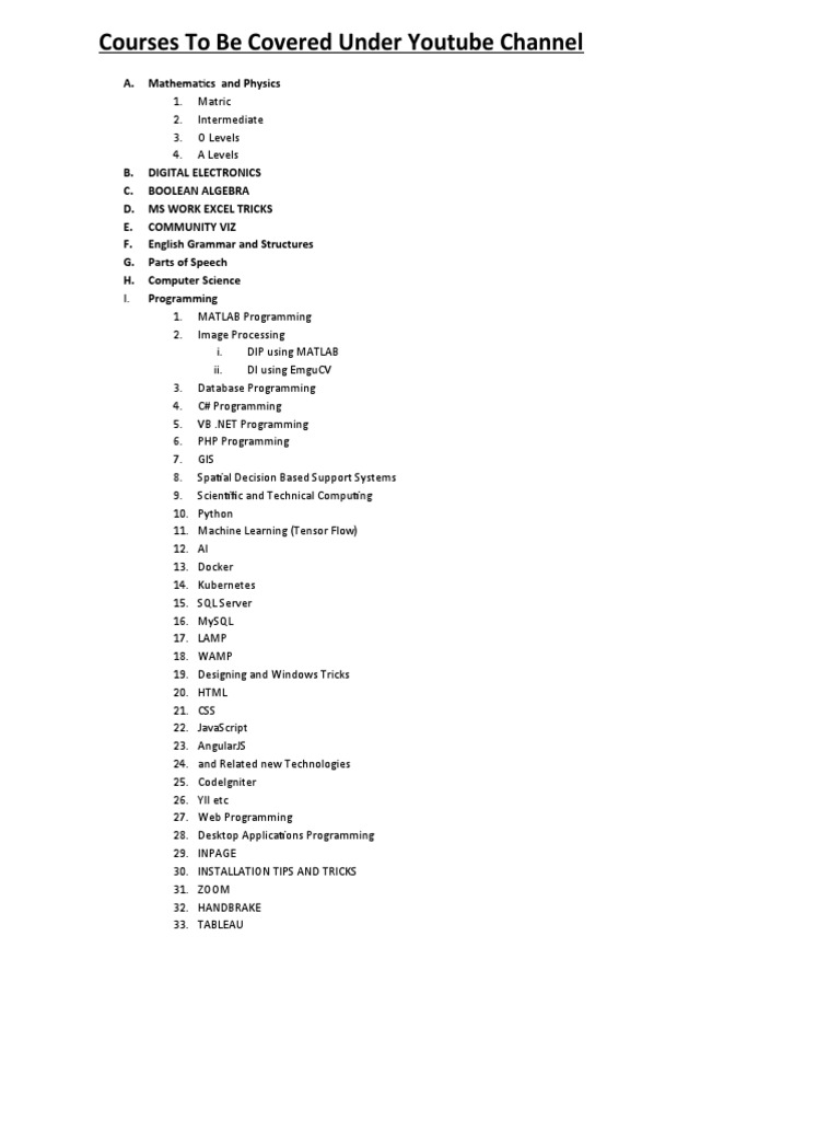 Courses To Be Covered Under YouTube Channel | PDF