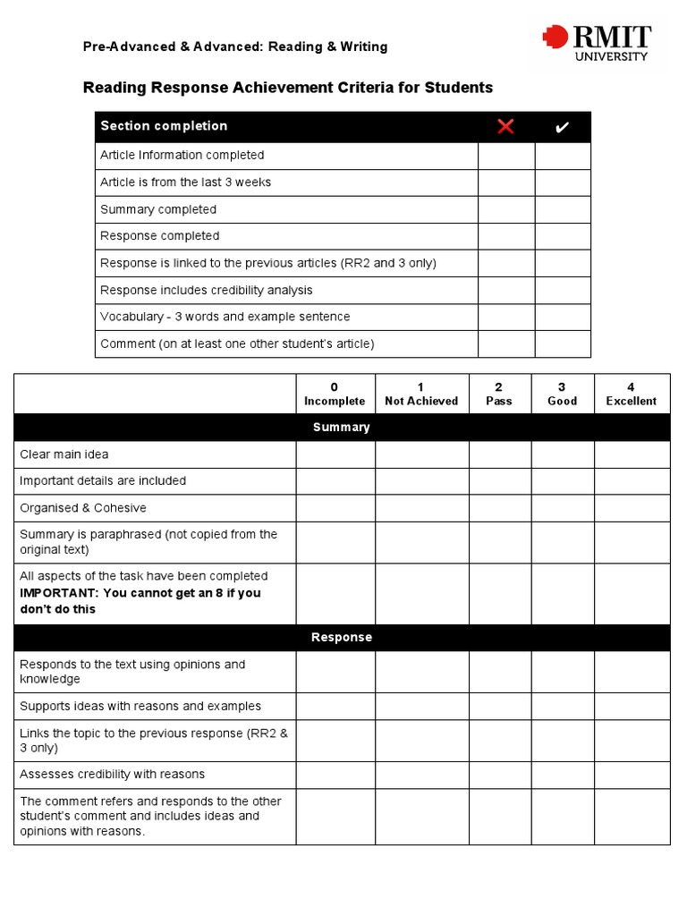 Reading Response Achievement Criteria - STUDENT VERSION | PDF ...