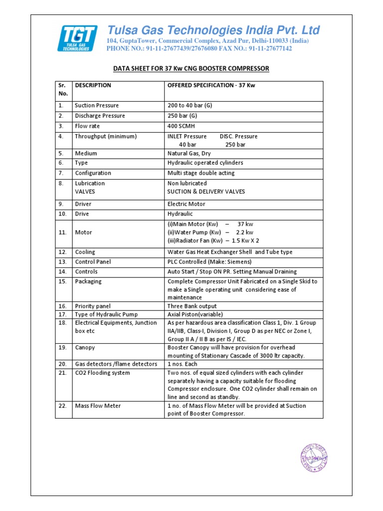 Tulsa Gas Technologies India Pvt. LTD: Data Sheet For 37 KW CNG Booster ...