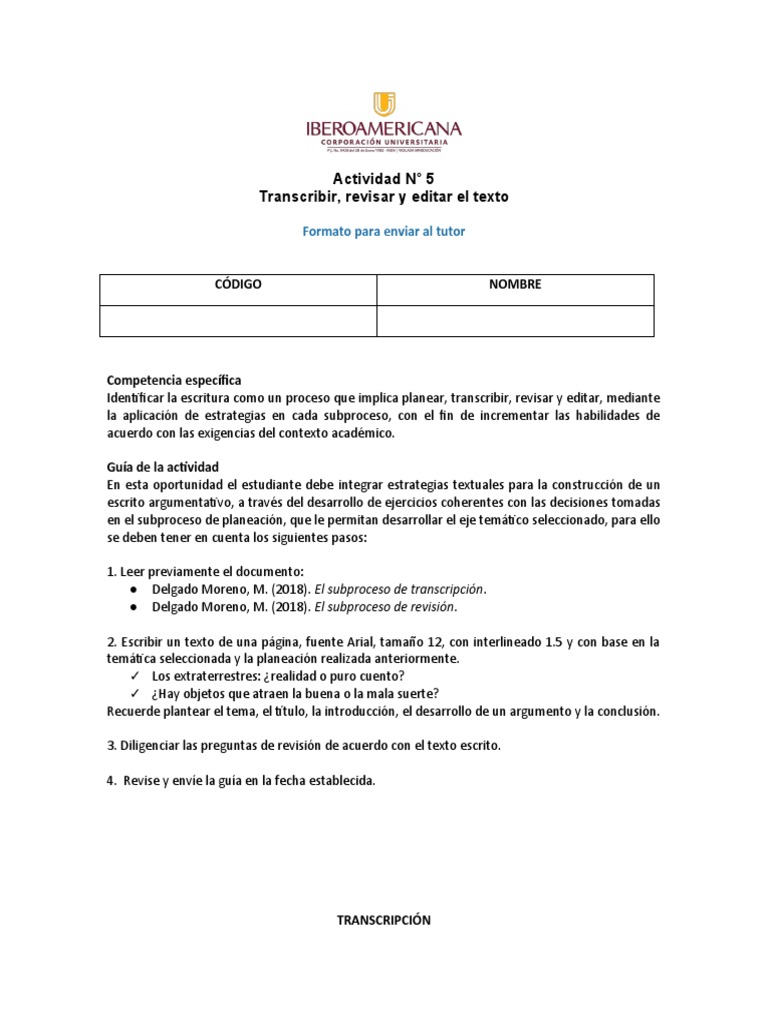 Actividad N°5 Trasncribir, Revisar y Editar | PDF | Planificación ...