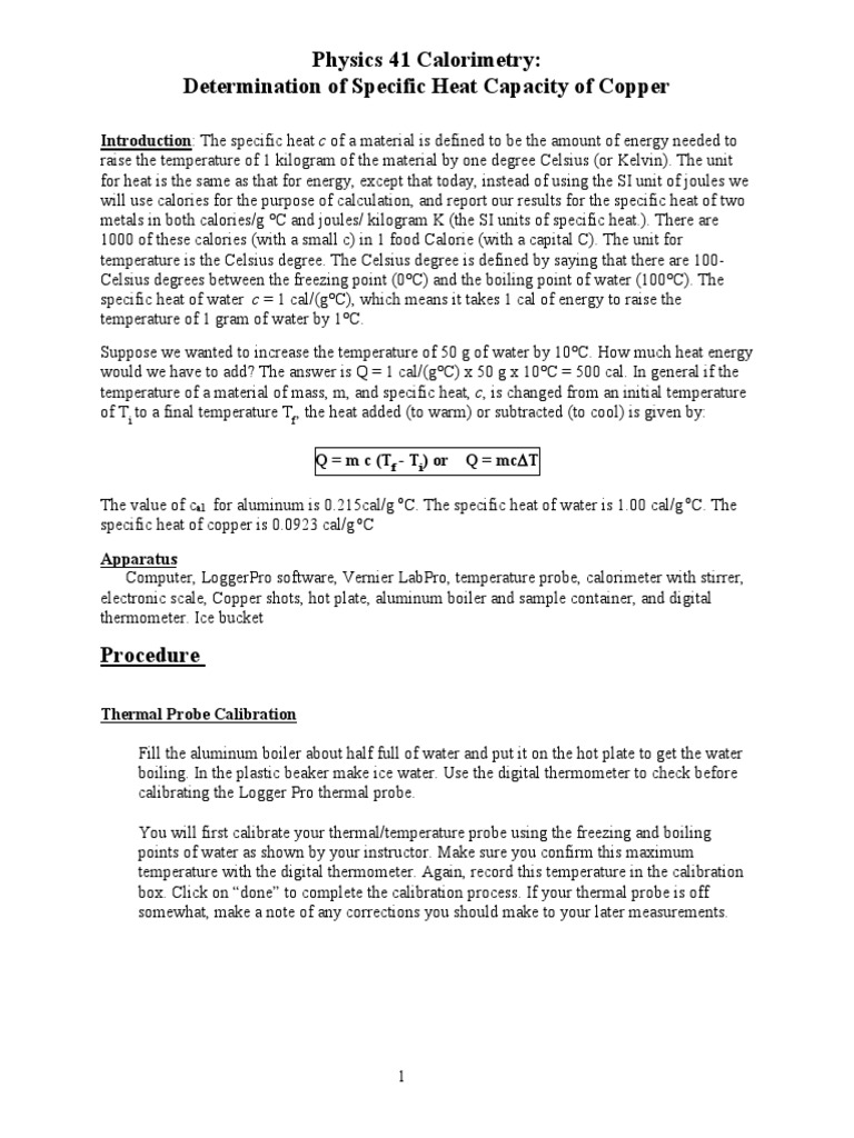 Physics 41 Calorimetry: Determination of Specific Heat Capacity of ...