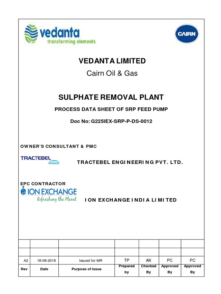 P1 - Ion Exchange-A2-Process Data Sheet of SRP Feed Pump PDF | PDF | Pump | Energy Technology
