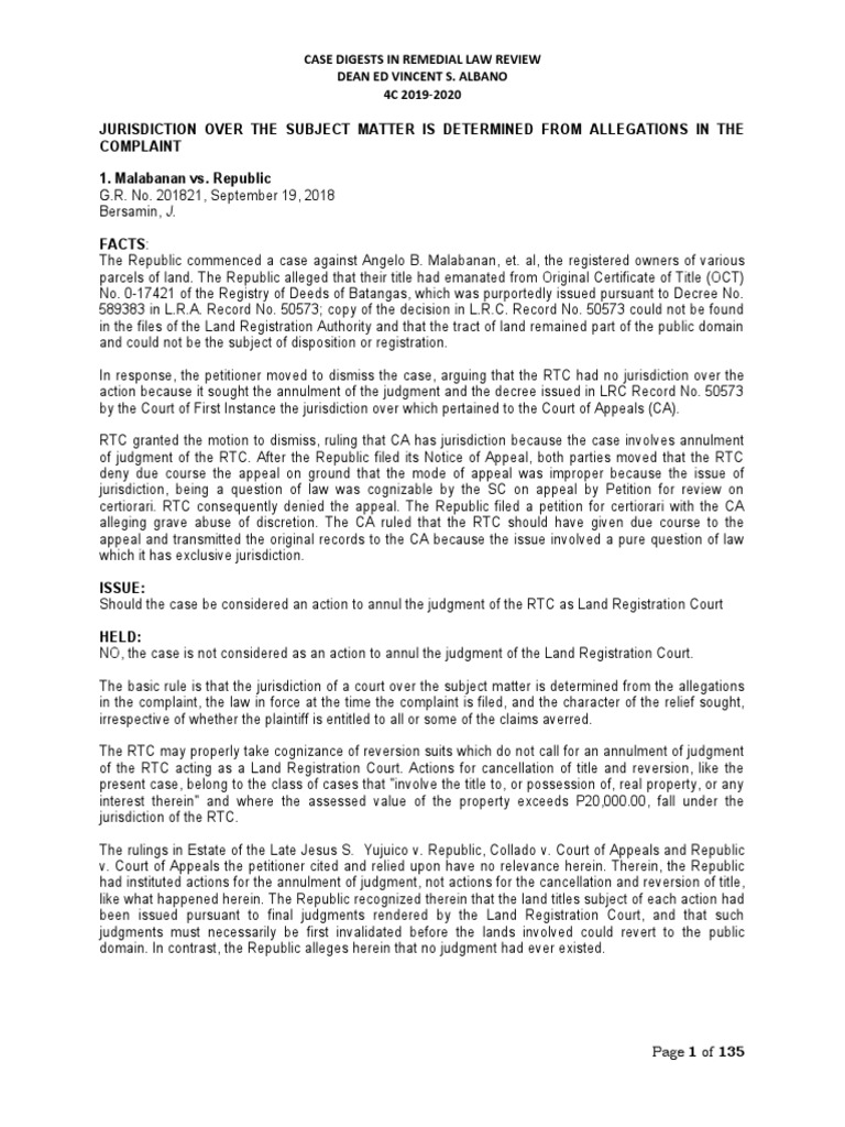 Remedial Law Case Digests - Covered Cases (4C1920) | PDF | Complaint | Jurisdiction