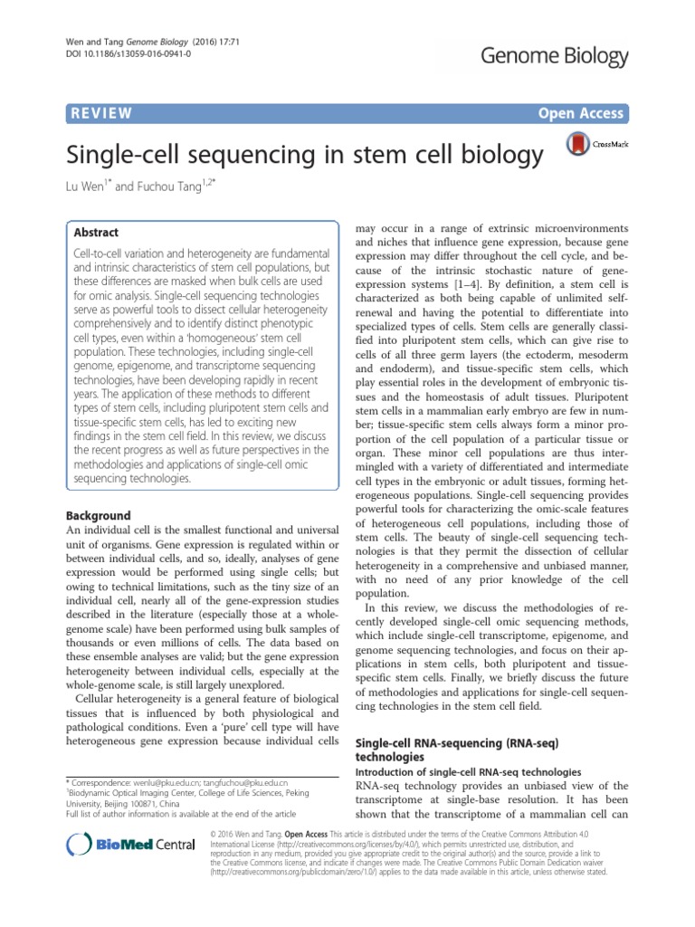 Single-Cell Sequencing in Stem Cell Biology: Review Open Access ...