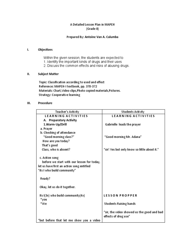 Detailed Lesson Plan Sample | PDF | Drugs | Prescription Drugs