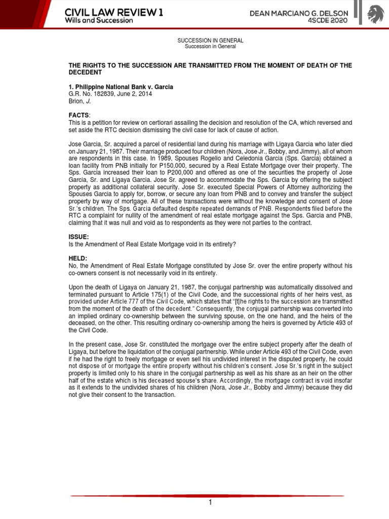 Civil Law I Case Digests - Succession (4SCDE1920) PDF | PDF ...