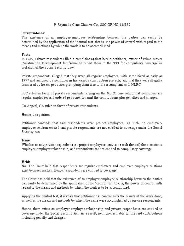 P. Reynaldo Cano Chua V CA SSS, GR NO 125837, October 6,2004 | PDF