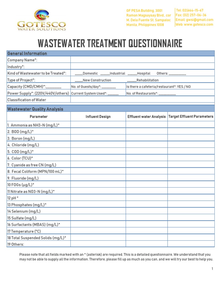 Wastewater Treatment Questionnaire: General Information | PDF ...