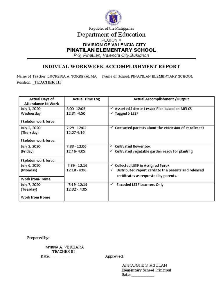 Torrepalma Workweek Accomplishment Report | PDF | Workweek And Weekend ...