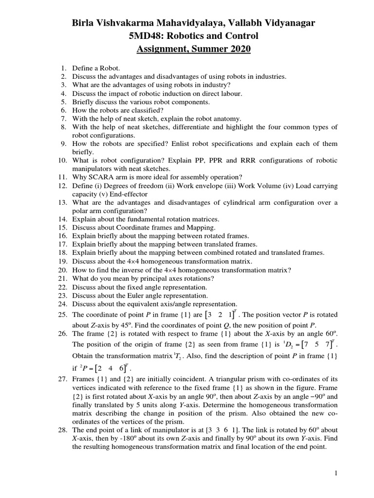 5MD48 Robotics and Control Assignment Summer-2020 | PDF | Cartesian ...