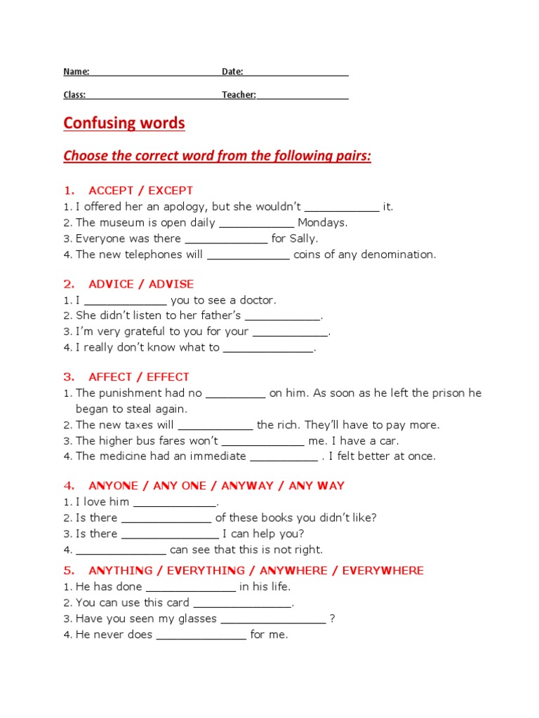 Confusing Words: Choose The Correct Word From The Following Pairs | PDF