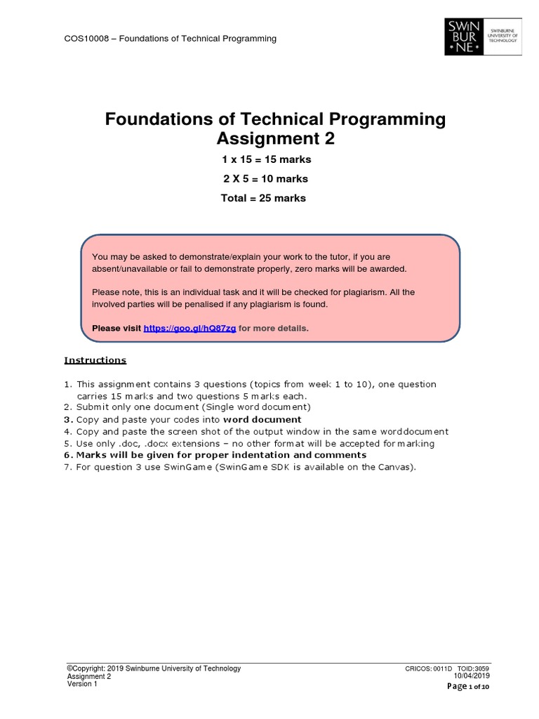 COS10008 Assignment2-TP1-2019 | PDF | Array Data Type | Parameter (Computer Programming)