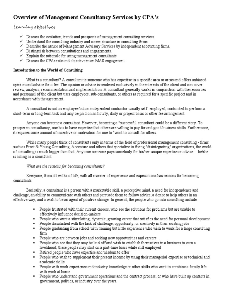 Overview of Management Consultancy Services by CPA's: Introduction To ...