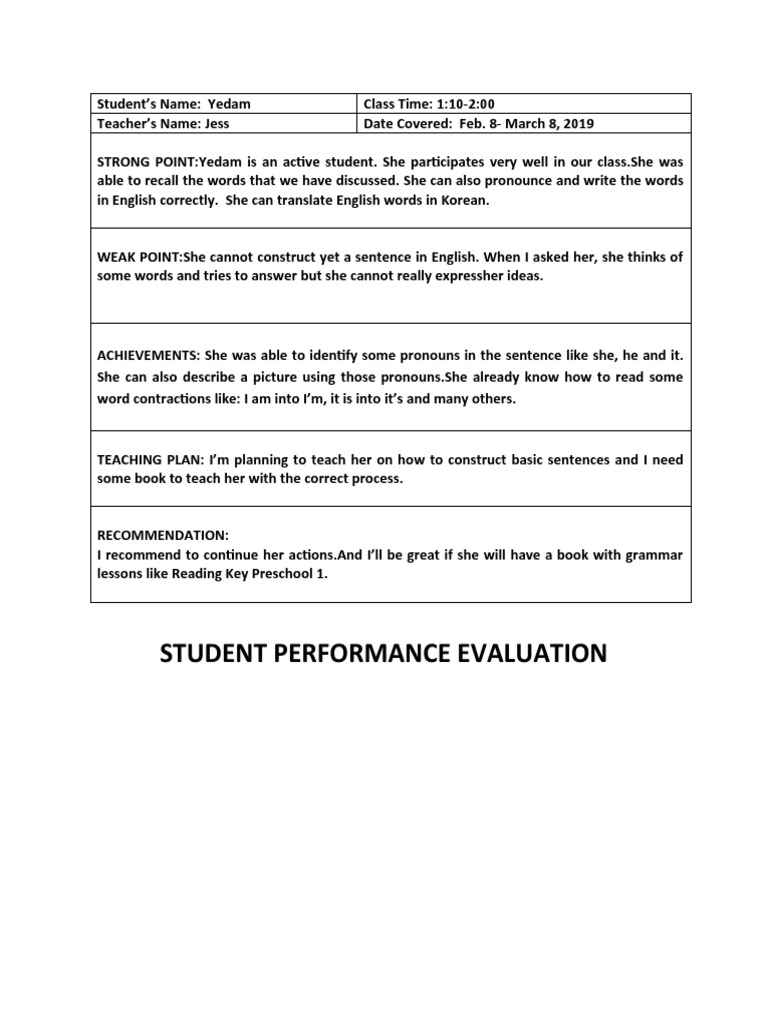 Student performance evaluations | PDF | Reading Comprehension | English ...