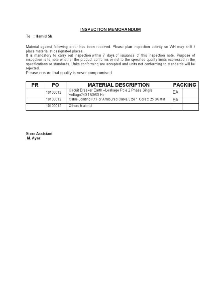 PR PO Material Description Packing: Inspection Memorandum | PDF