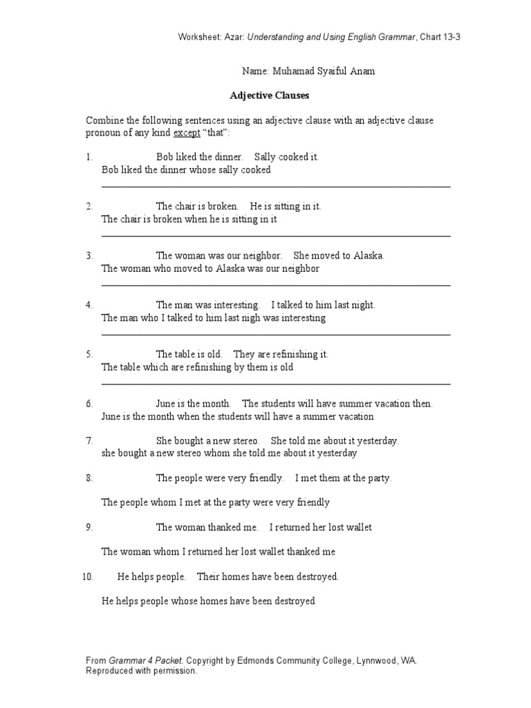 Adjective Clauses: Worksheet: Azar: Understanding and Using English ...