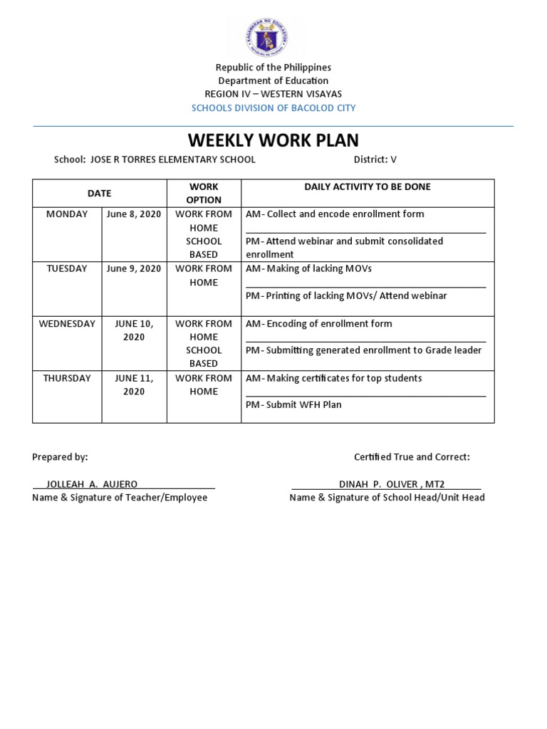Weekly Work Plan: Date Work Option Daily Activity To Be Done | PDF ...