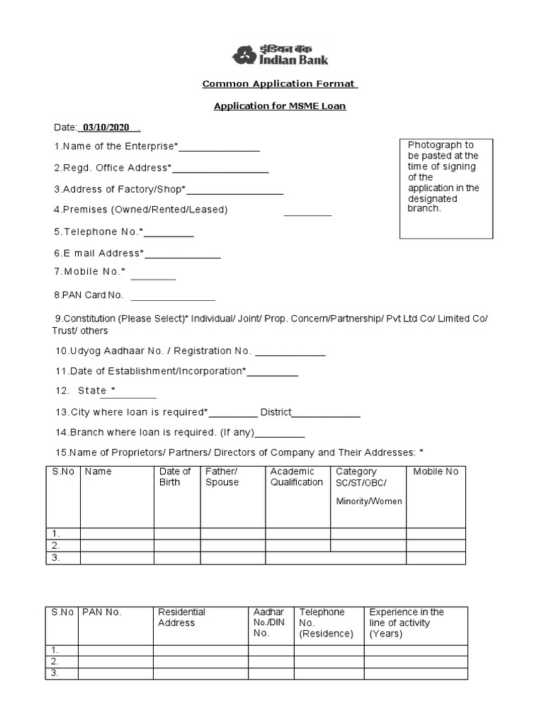 Indian Bank MSME Loan Applciation | PDF