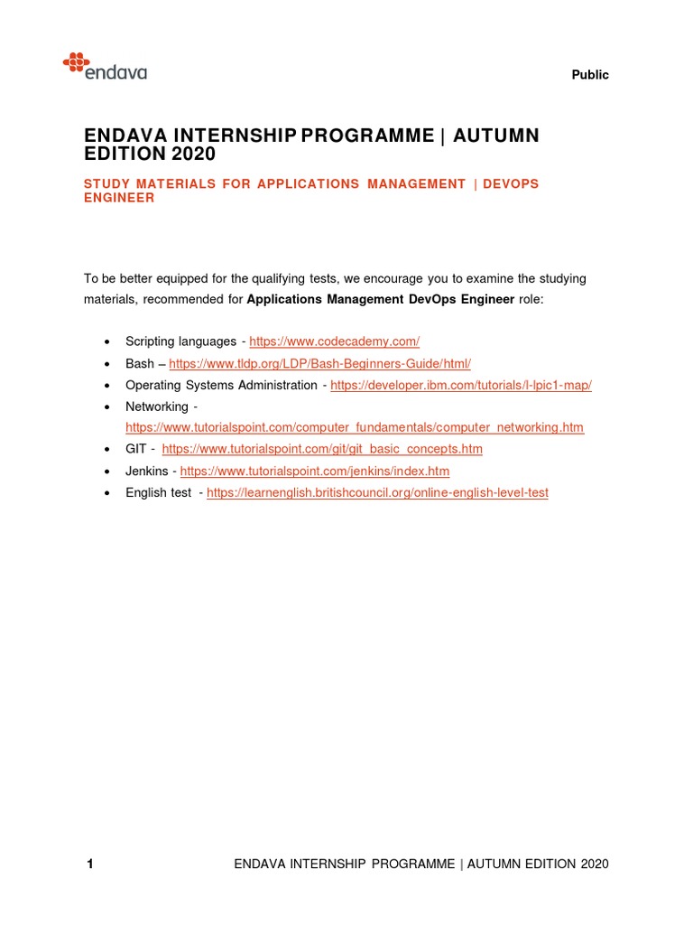 Endava Internship Programme - Autumn EDITION 2020 | PDF